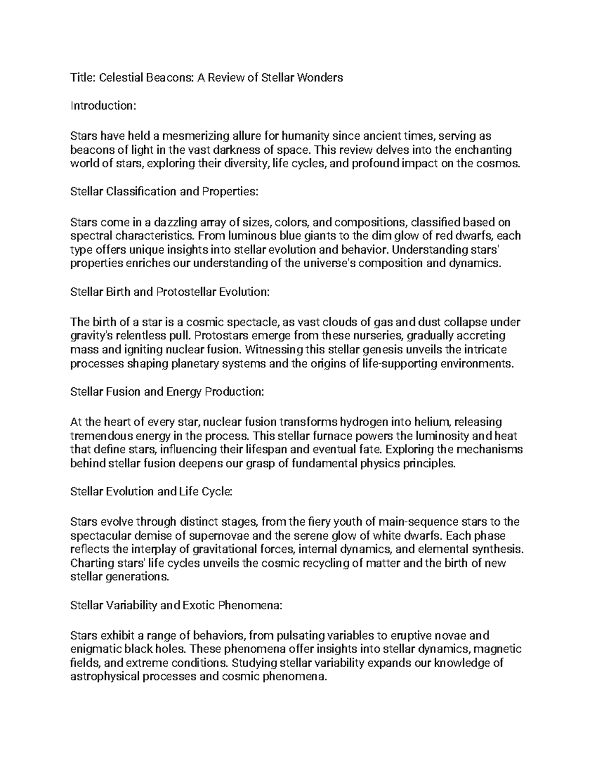 Title Celestial Beacons A Review of Stell ar Wonders - Title: Celestial ...