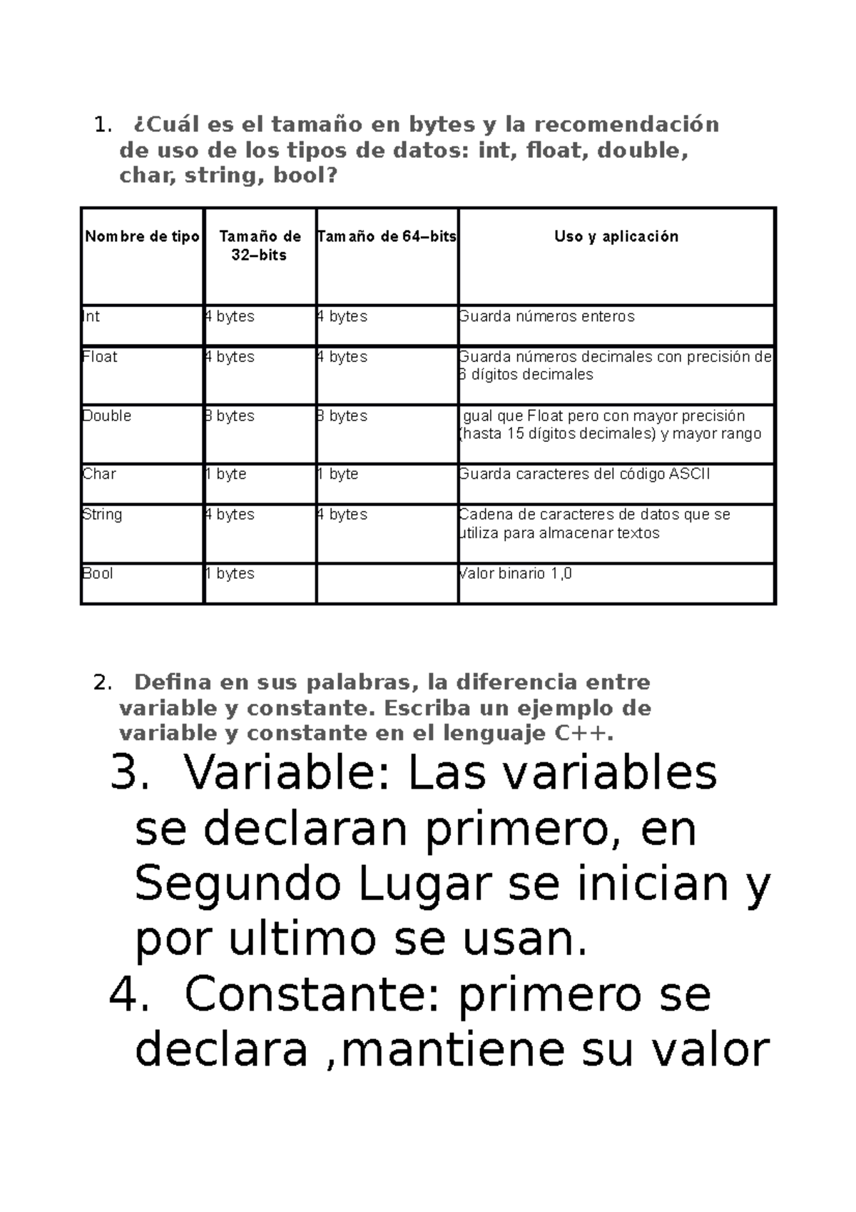 Tamaño y Uso de Tipos de Datos en C++: Int, Float, Char, Bool - Studocu