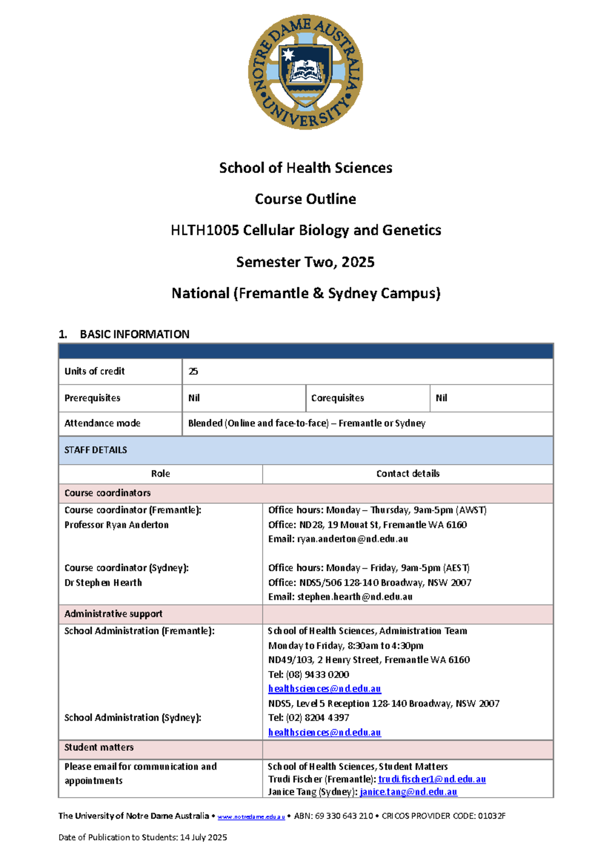 HLTH1005 Course Outline: Cellular Biology & Genetics - Semester 2, 2025 ...