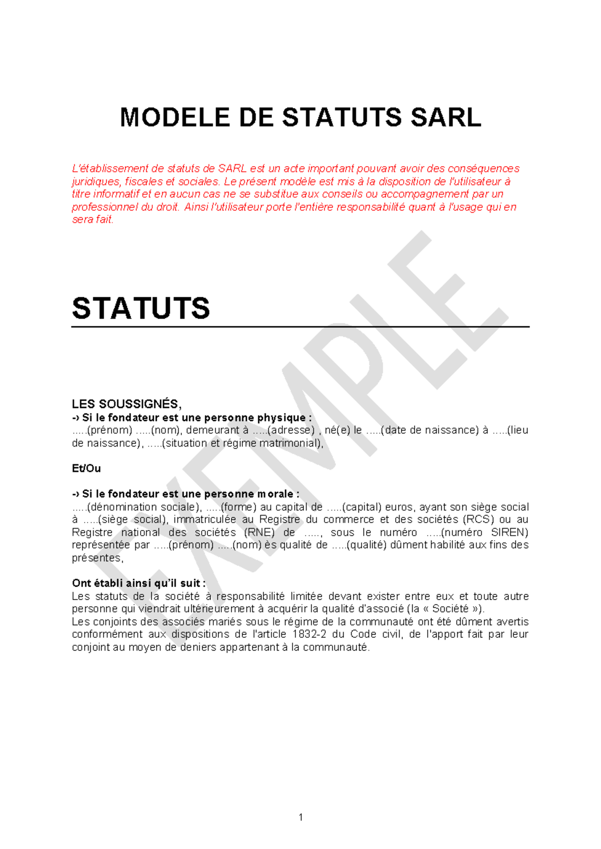 Modèle de Statuts SARL - Document Juridique 01082025 - Studocu