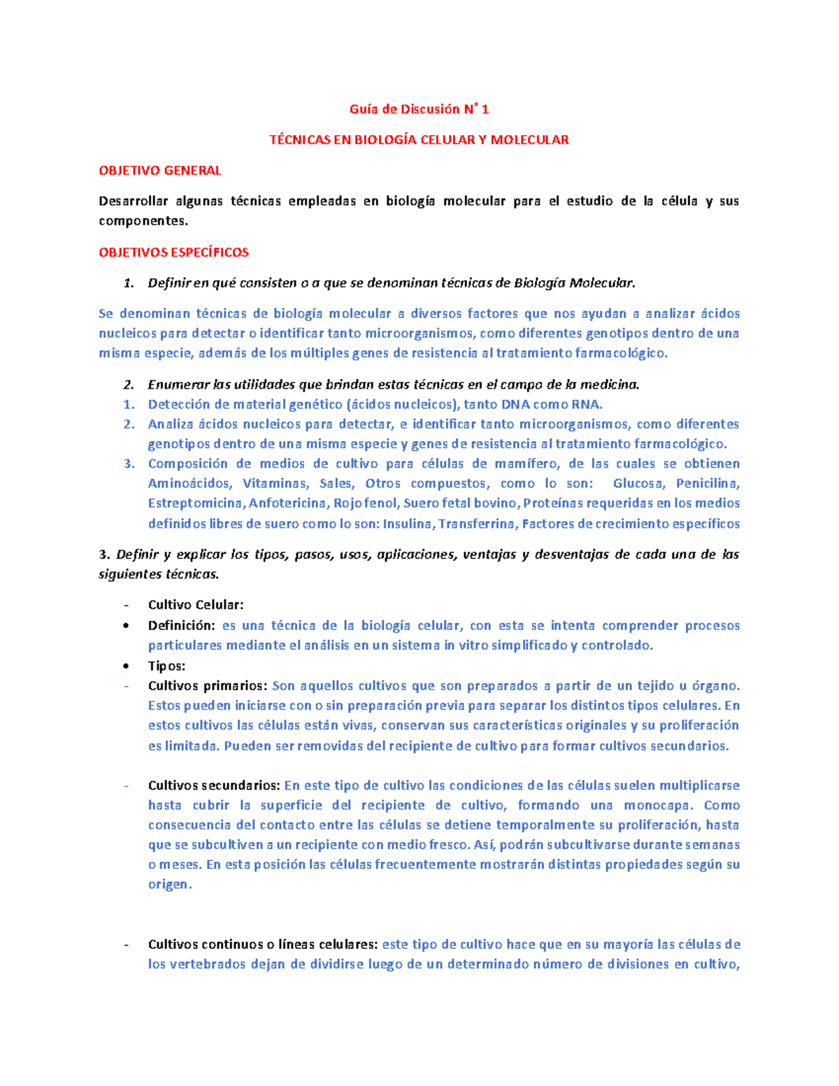 Guia de discucion 1.1 de biologia - Guía de Discusión N ̊ 1 TÉCNICAS EN ...