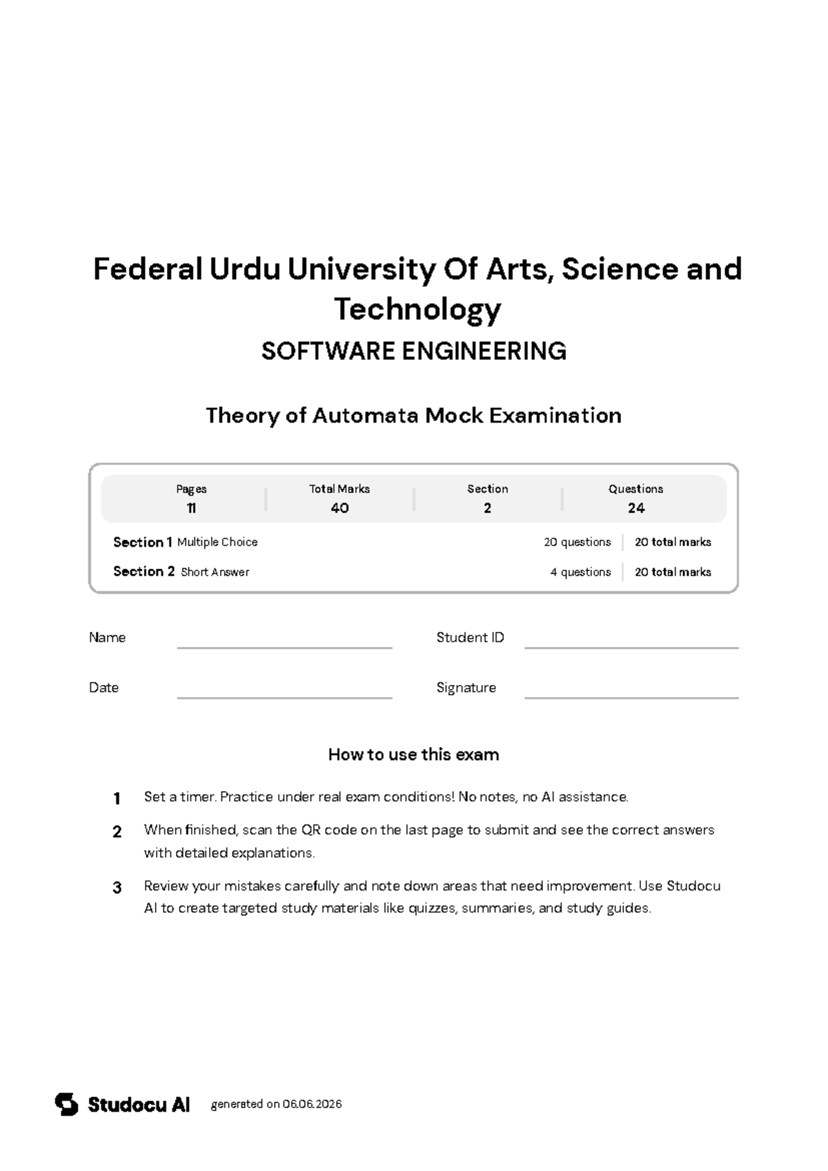 Theory of Automata Mock Exam - Software Engineering - Studocu