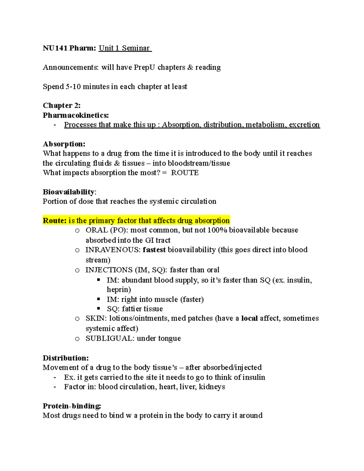 NU141 Pharm Unit 1 Semi - NU141 Pharm: Unit 1 Seminar Announcements ...