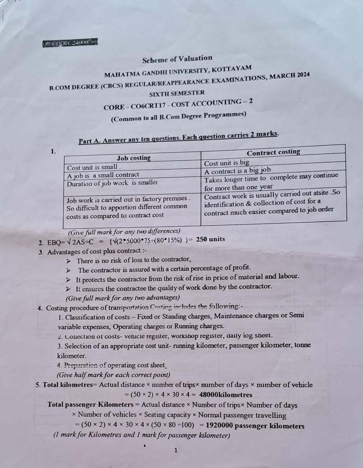 COST Accounting Answer KEY (B.Com Core, MAHATMA GANDHI UNIVERSITY ...