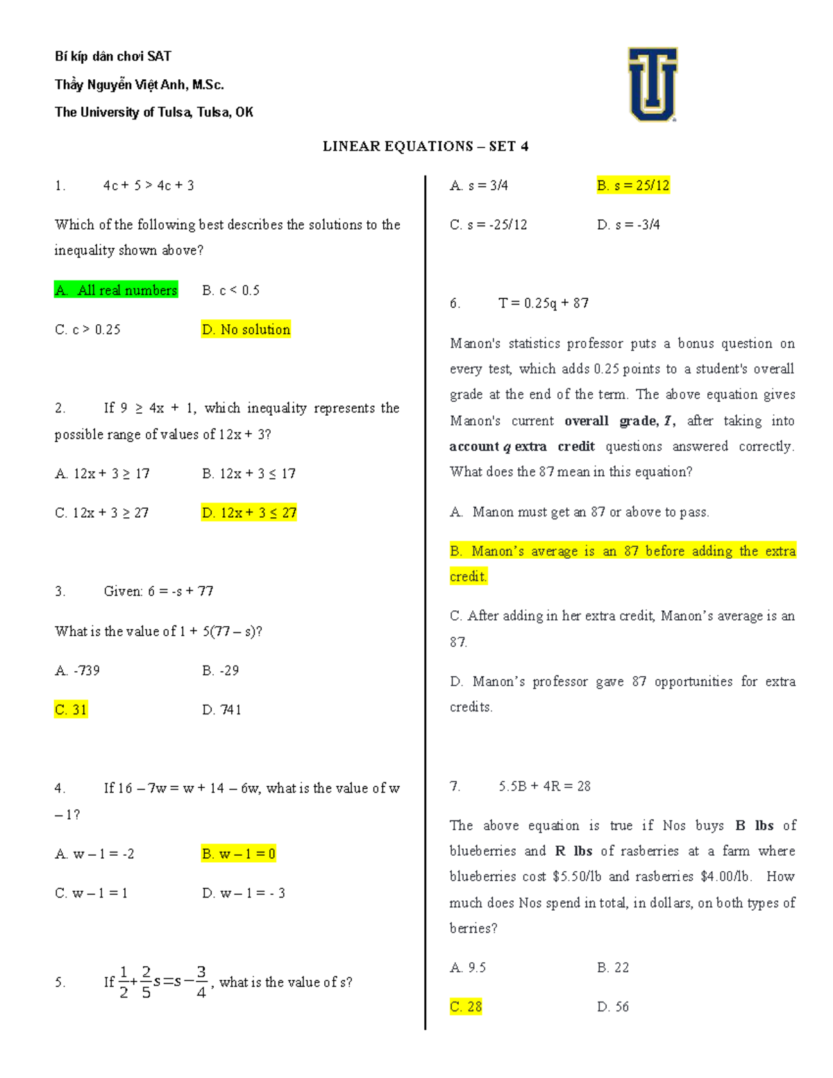Bí kíp dân chơi SAT: Linear Equation Practice 0309 by Thầy Nguyễn Việt ...