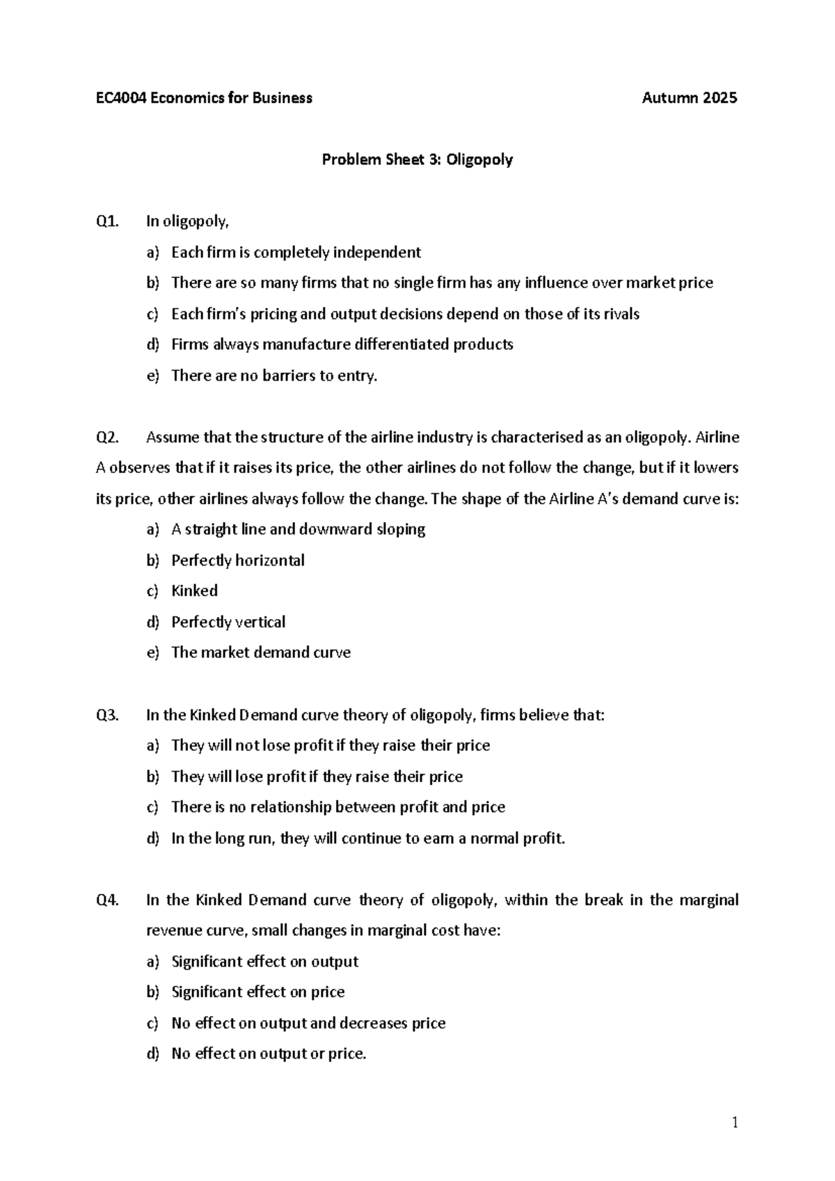 EC4004 Economics for Business Autumn 2025 Problem Sheet 3: Oligopoly Analysis - Studocu
