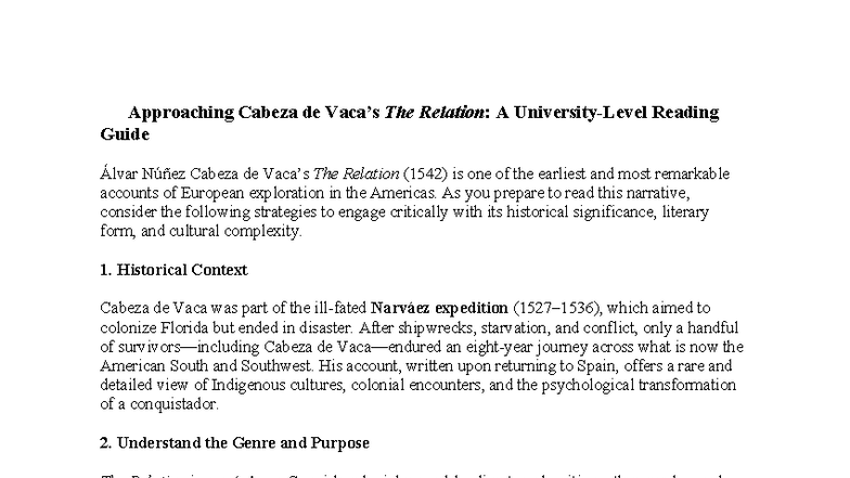 Approaching Cabeza de Vaca: A Critical Reading Guide - Studocu