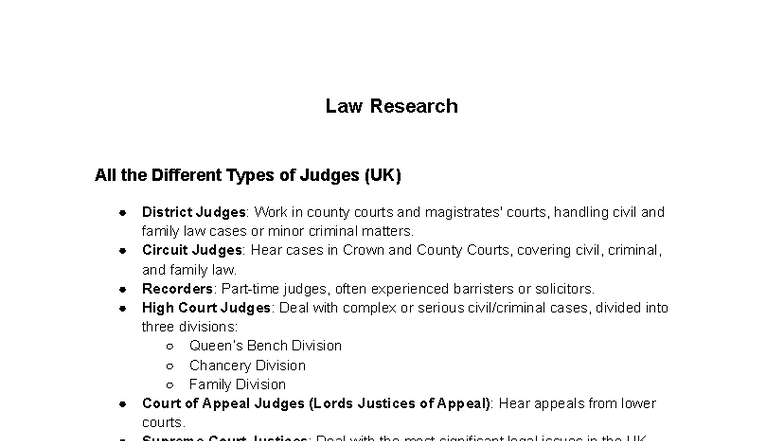Law Research - Types of Judges and Courts in the UK - Studocu