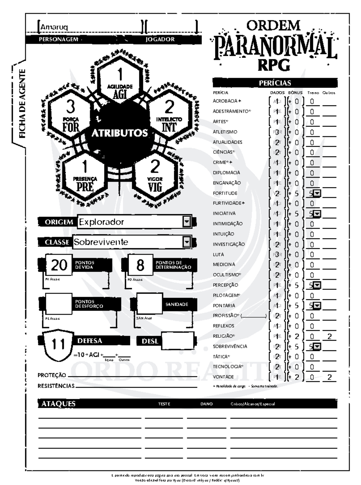Amaruq RPG Ficha de Personagem - Agente 1 e Perícias - Studocu