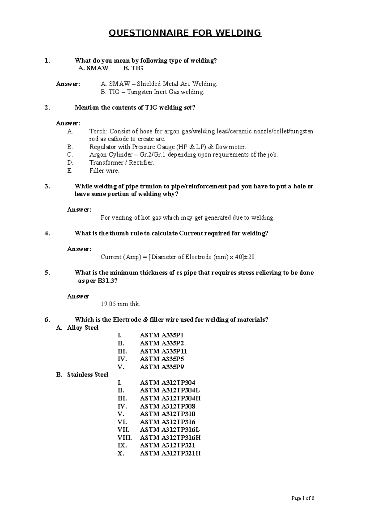 Welding Questionnaire: Techniques, Equipment, and Defects - Studocu