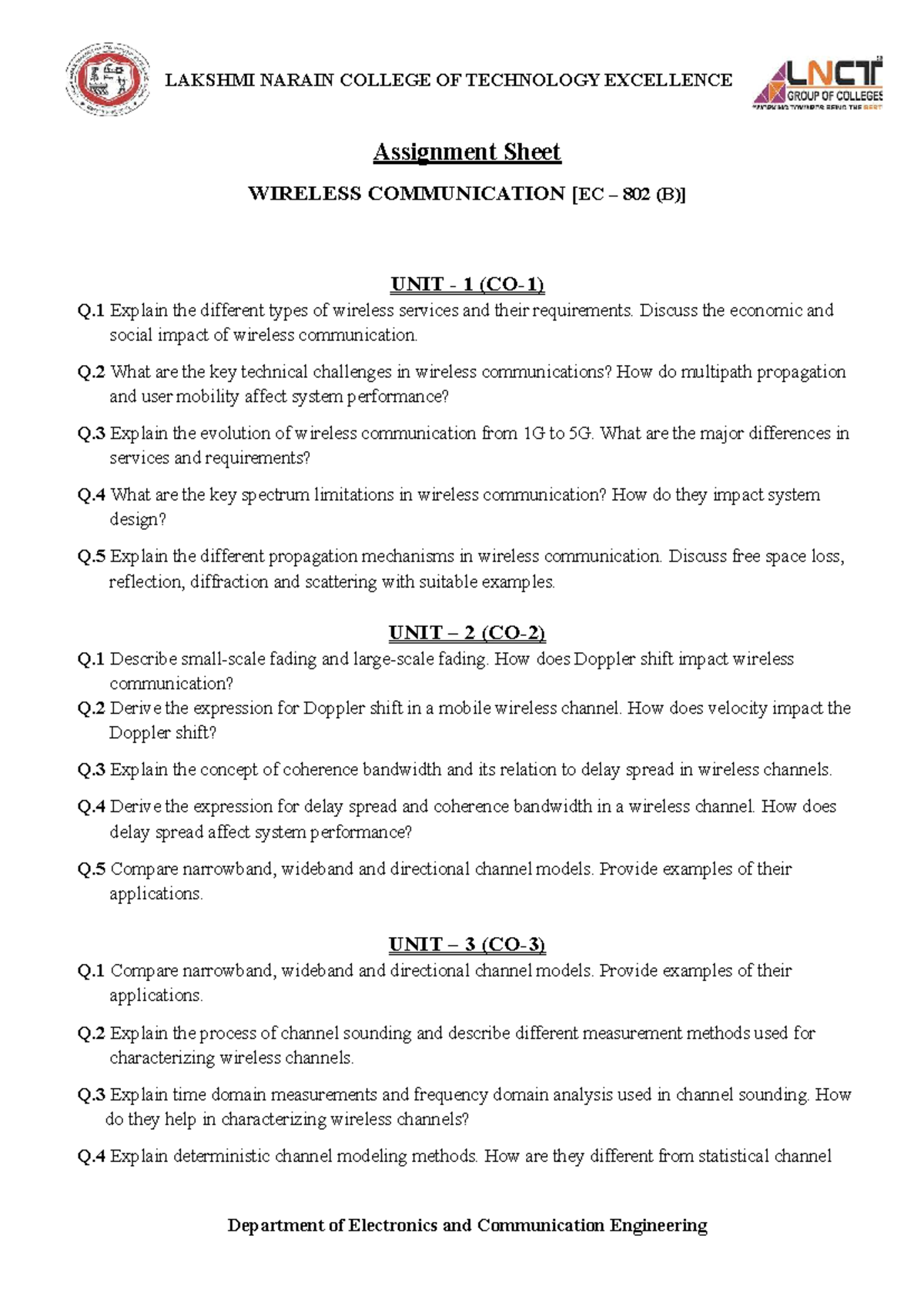 Assignment Sheet EC-802: Wireless Communication Concepts and Challenges ...