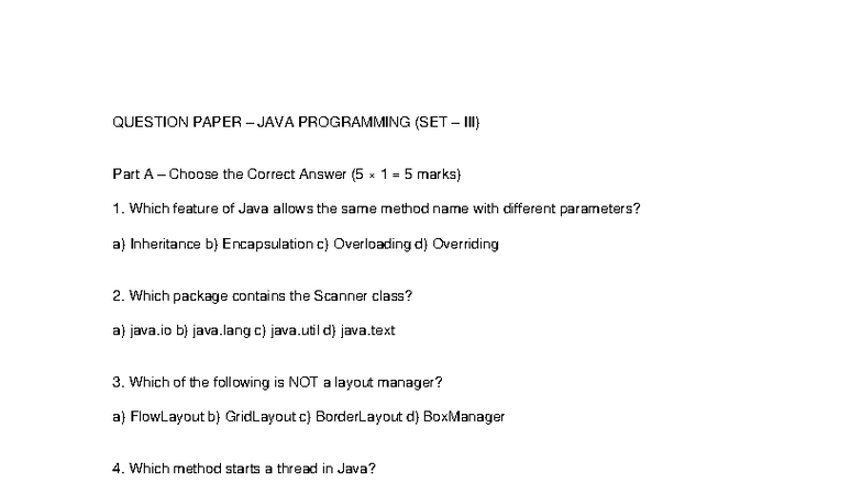 Java Programming Question Paper Set 3: Multiple Choice & Short Answers ...