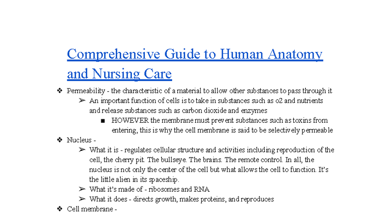 Comprehensive Guide to Human Anatomy & Nursing Care (ANAT 101) - Studocu