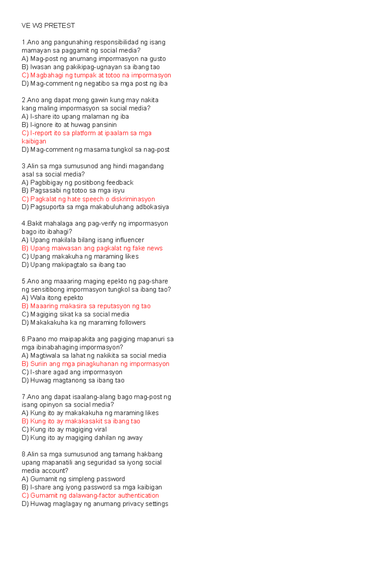 VE Pretest Test W3 - Pre test - VE W3 PRETEST 1 ang pangunahing ...