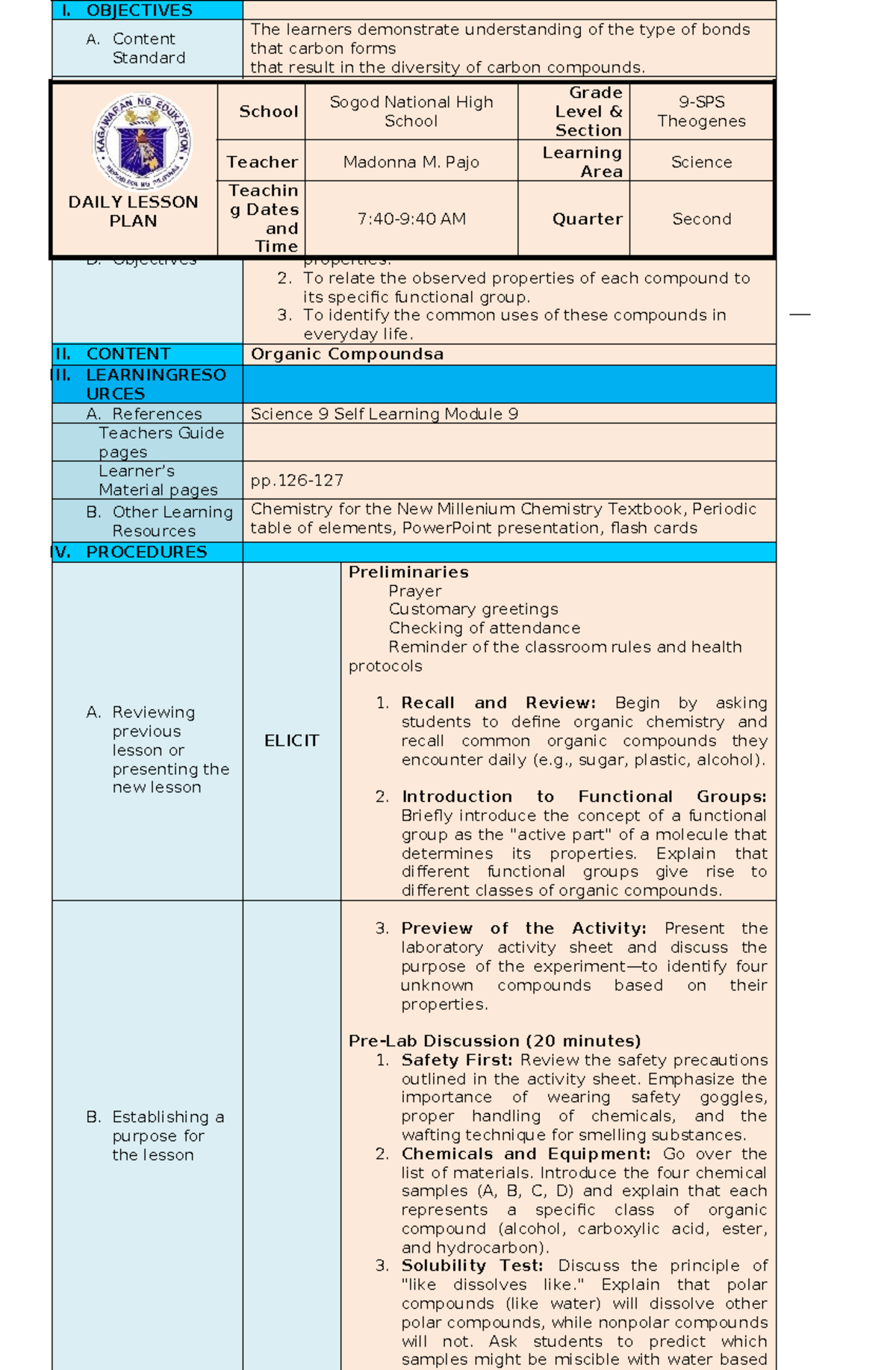 Science 9 Lesson Plan: Understanding Organic Compounds and Their Uses ...