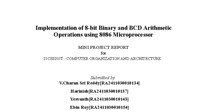 COA Project Report: Binary and BCD Operations Using 8086 - Studocu