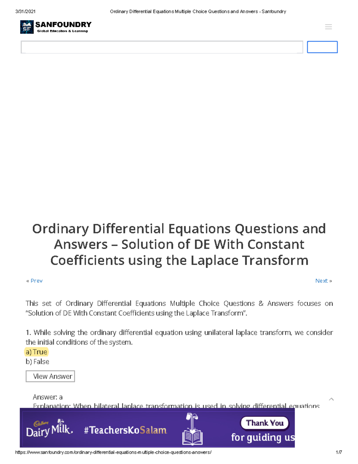 Ordinary Differential Equations Multiple Choice Questions and Answers ...