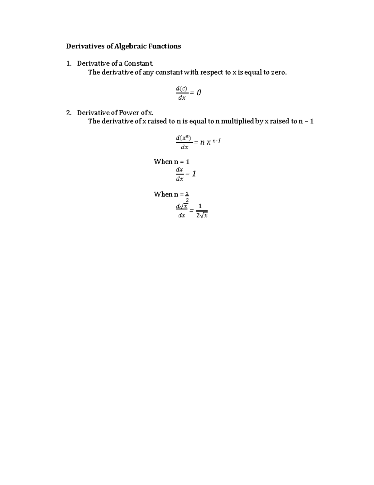 Differential Calculus MATH101 Unit 2: Derivatives of Algebraic ...