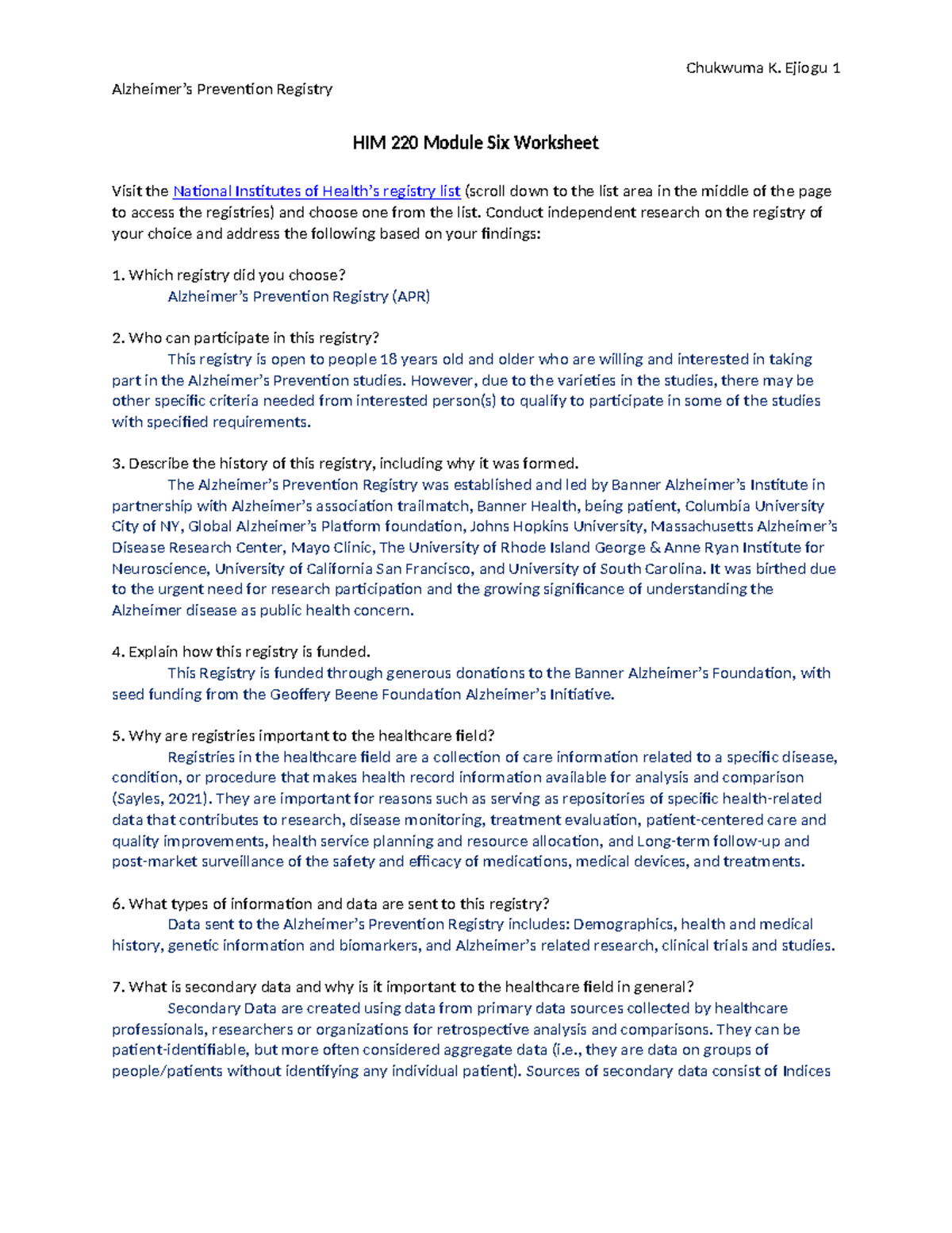HIM 220 Module 6 Worksheet - Exploring the Alzheimer’s Prevention ...