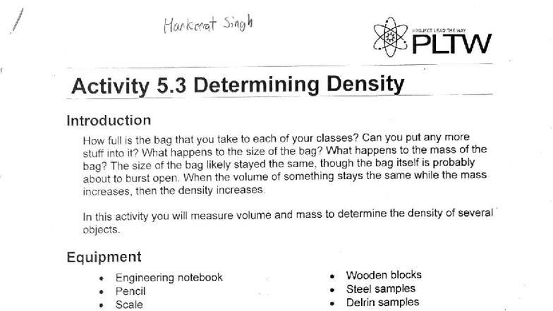 PLTW IED Activity 5.3: Determining Density of Materials - Studocu