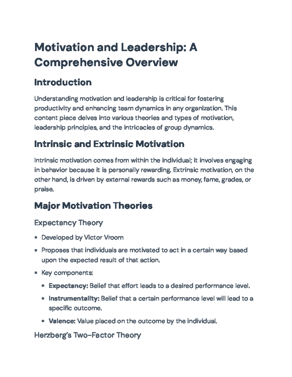 Motivation and Leadership: Critical Theories and Dynamics Overview ...