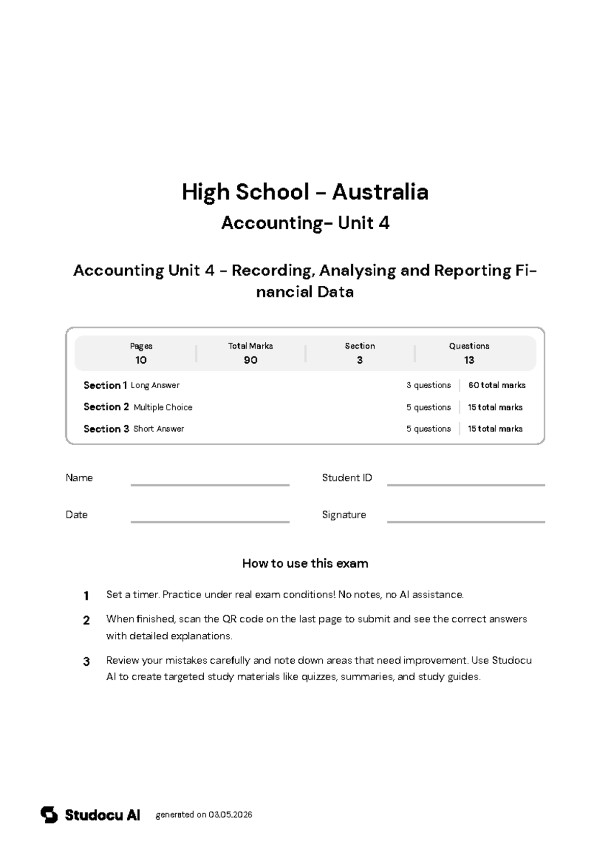 Accounting Unit 4 - Exam on Recording, Analysing & Reporting Financial ...