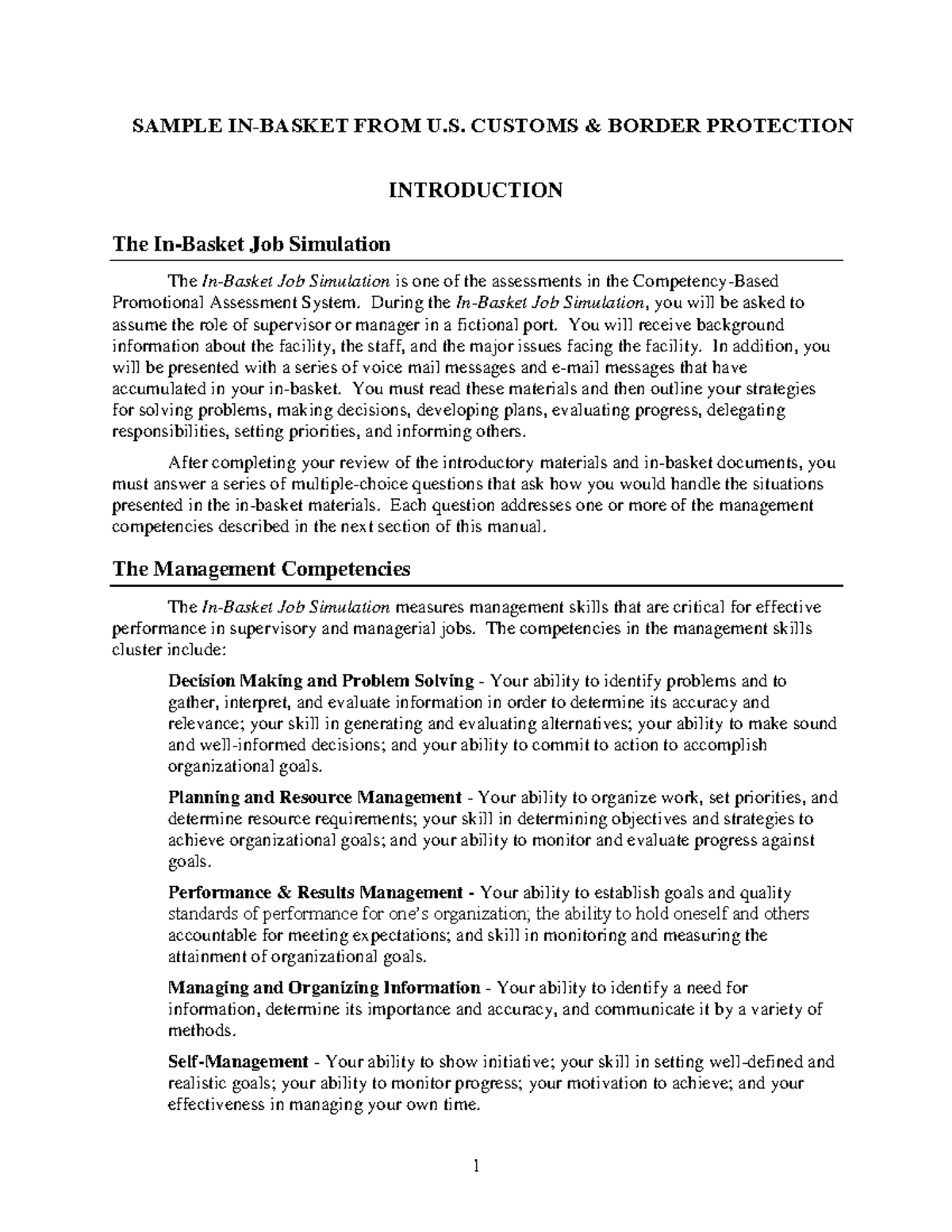 In-Basket Exercise Overview for CBP Managers: Sample Scenarios and ...