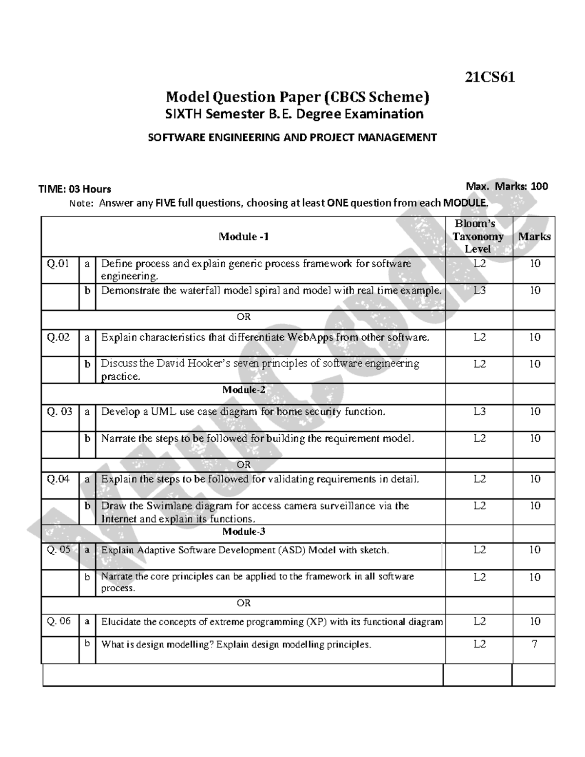 21CS61 Model Question Paper: Software Engineering & Project Management ...