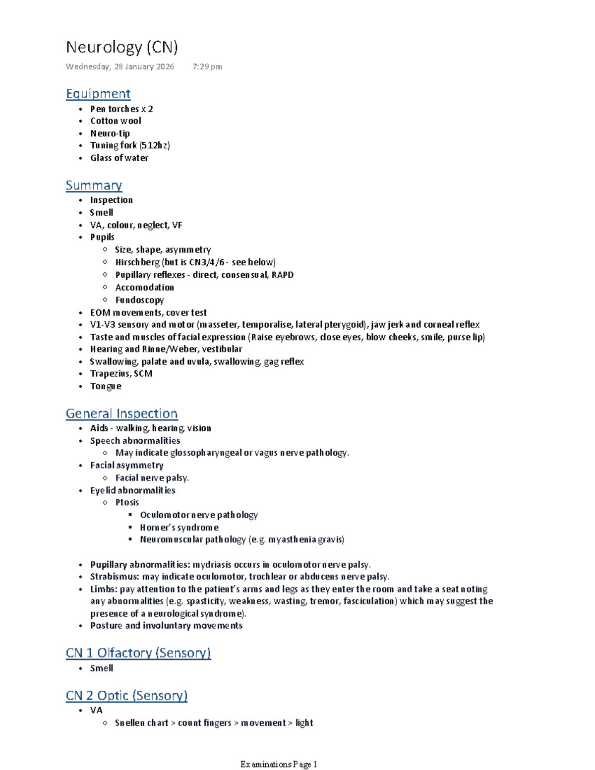 Neurology (CN) Examination Notes - Comprehensive Guide - Studocu