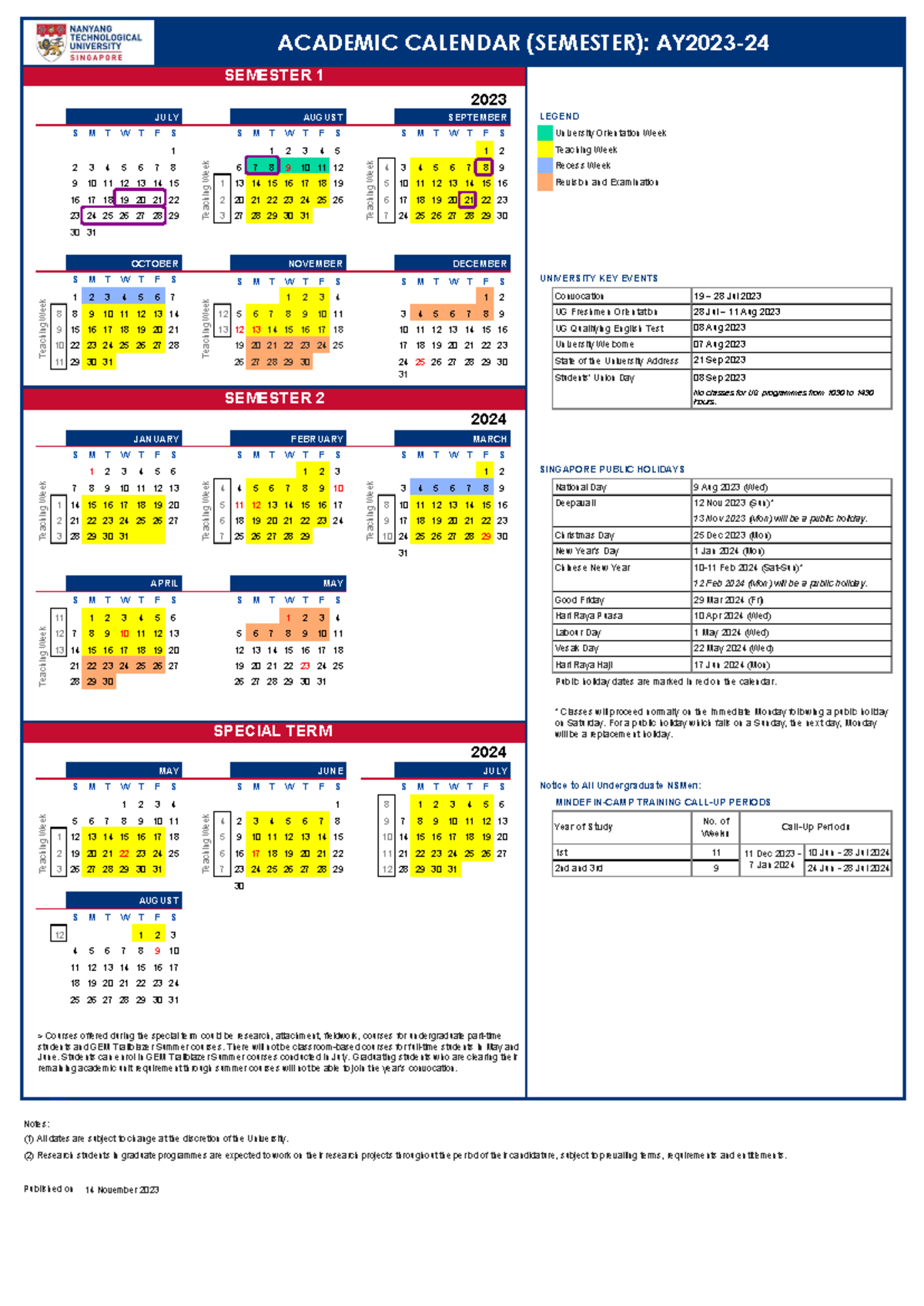 NTU Academic Calendar AY2023-24: Semester 1 Overview - Studocu