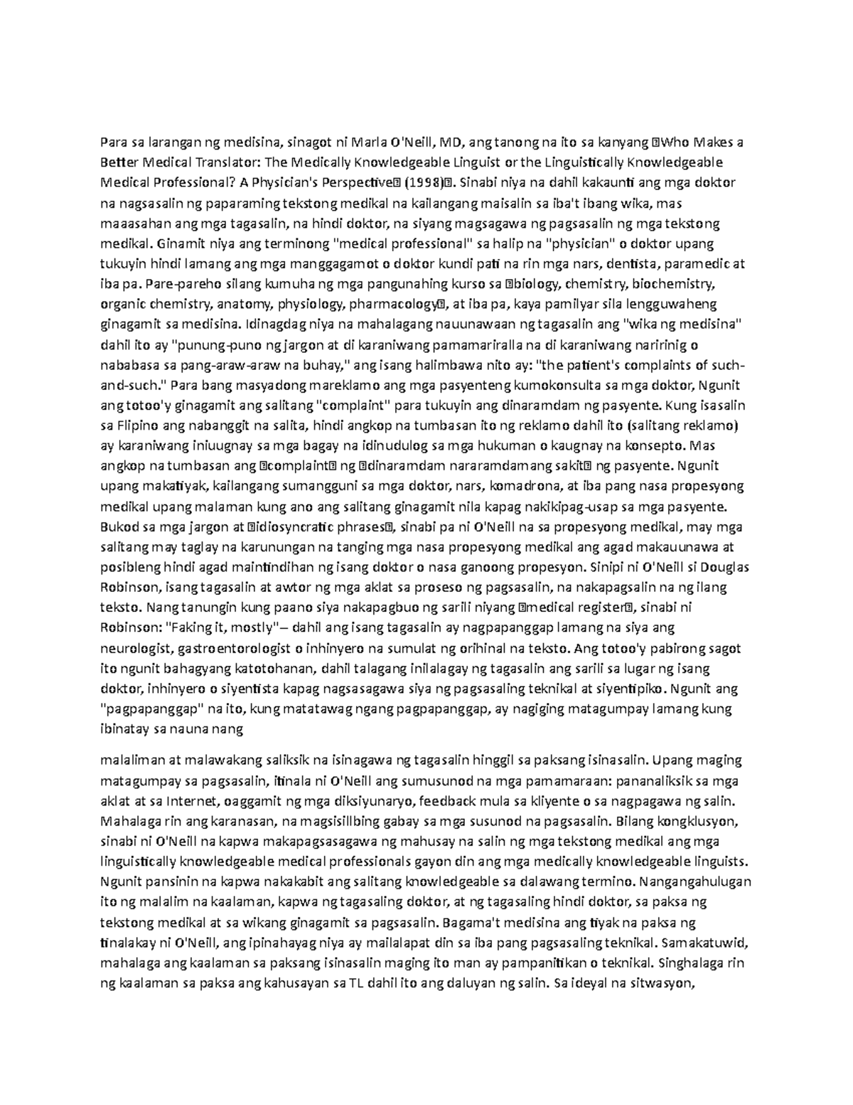 Teknikal na Pagsasalin sa Medisina: Isang Pagsusuri sa Kahusayan - Studocu