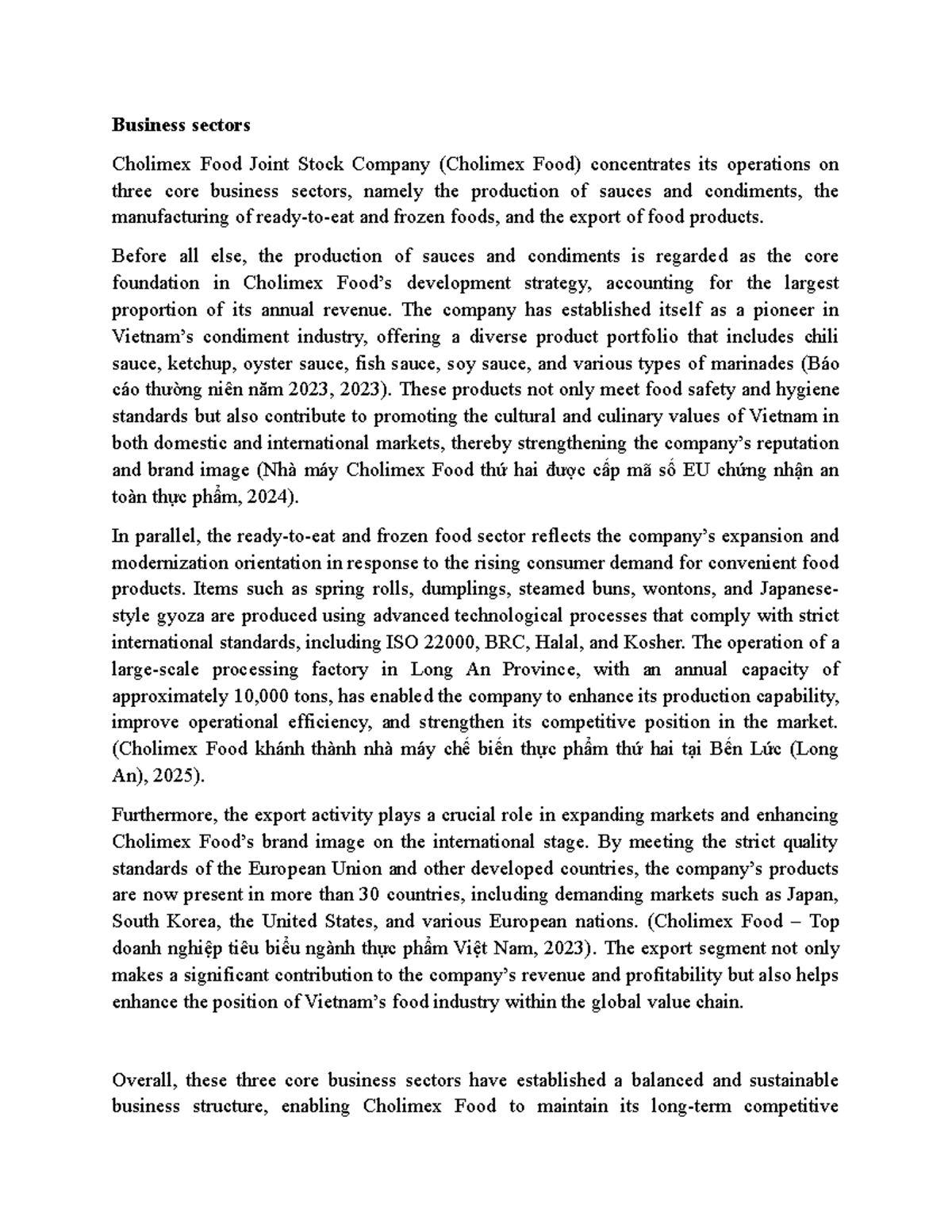 Cholimex Food: Core Business Sectors & Strategic Vision Analysis - Studocu