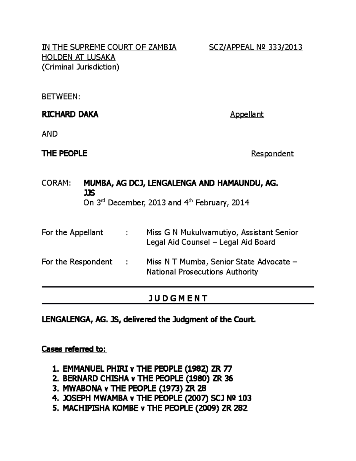 SCZ/APPEAL No 333/2014 - Judgment Analysis of Richard Daka Case - Studocu