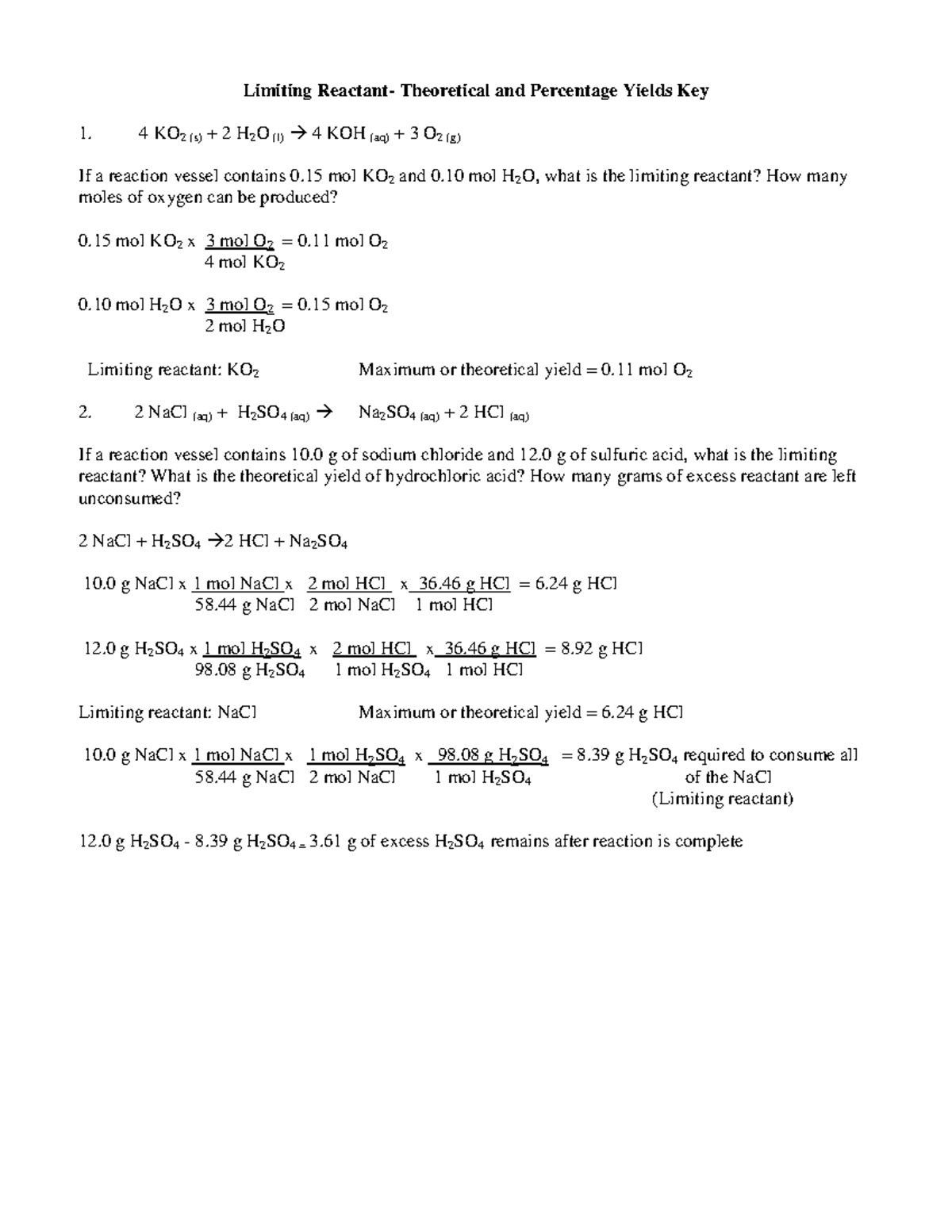 141 Limiting Reactant Worksheet Key - Limiting Reactant- Theoretical ...
