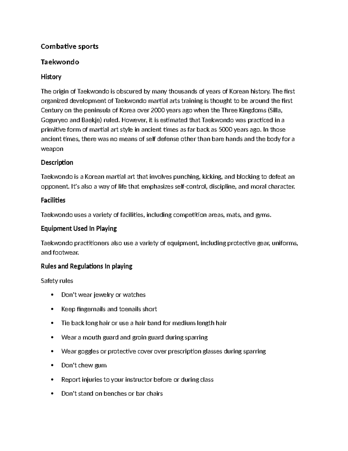 Combative sports - adsdsdsddsa - Combative sports Taekwondo History The ...