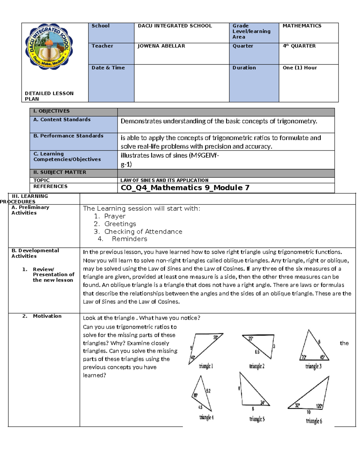 Grade 9 Mathematics: Law of Sines Detailed Lesson Plan - Studocu
