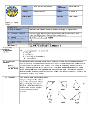 LP Grade 9 Solve Problems Involving Oblique Triangles - DETAILED LESSON PLAN School DACU ...