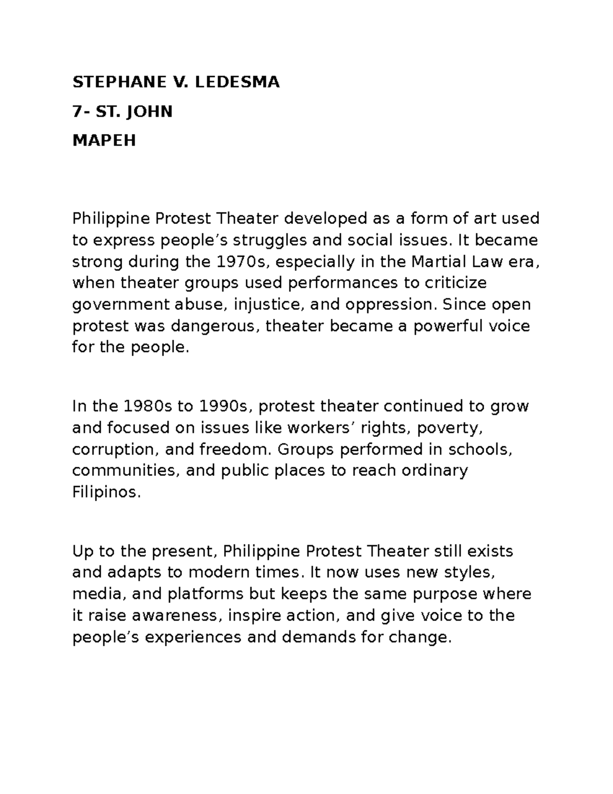 MAPEH 101: Philippine Protest Theater as a Voice for Change - Studocu