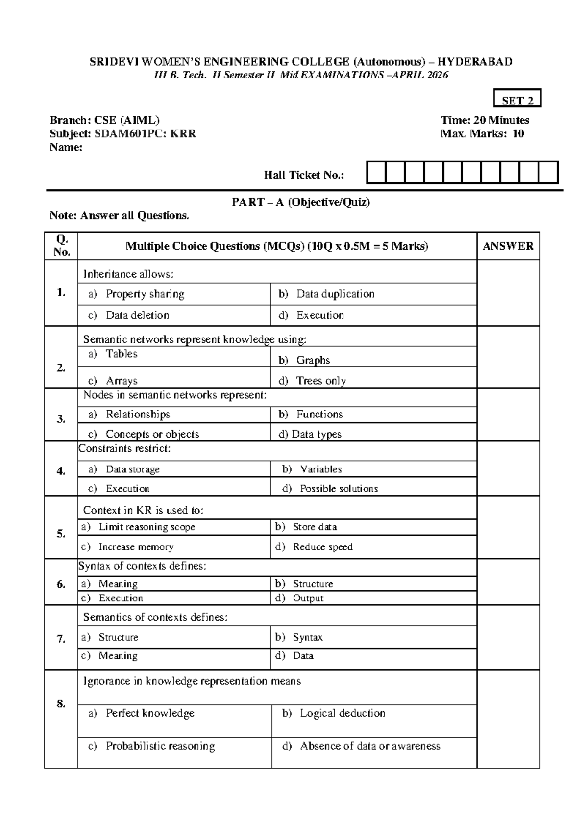 KRR MIDS 2 Objective Questions - B.Tech CSE (AIML) - Studocu