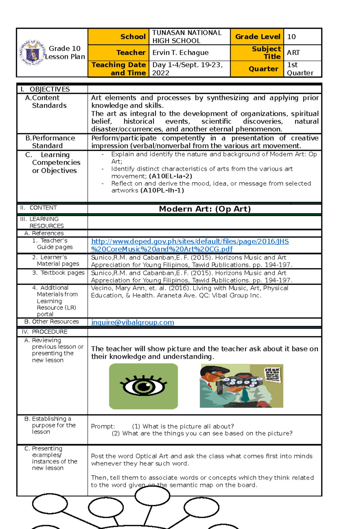 K 12 DLL Grade 10 Lesson Plan: Exploring Optical Art Techniques - Studocu