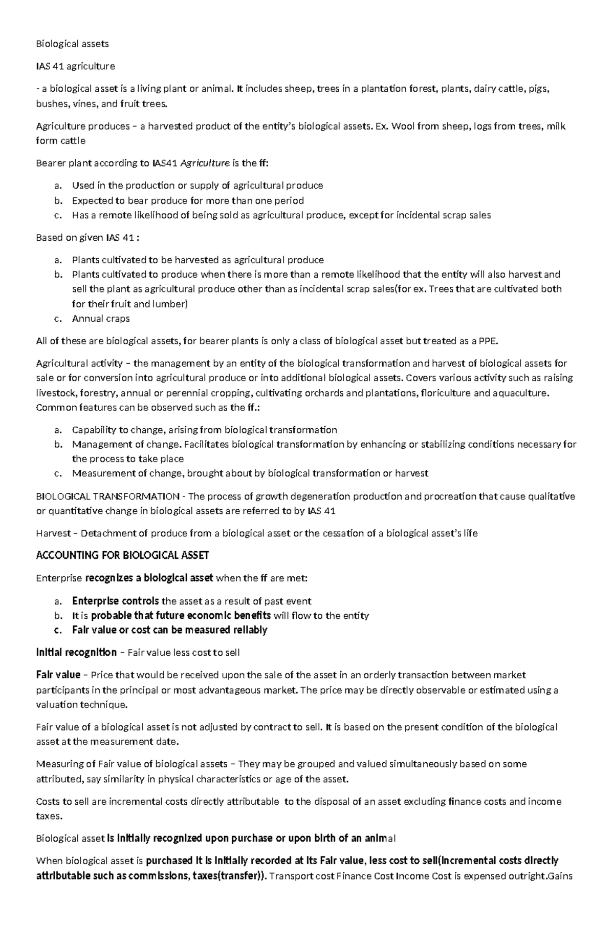 Biological Assets Overview - BSA - IAS 41 Agriculture Insights - Studocu