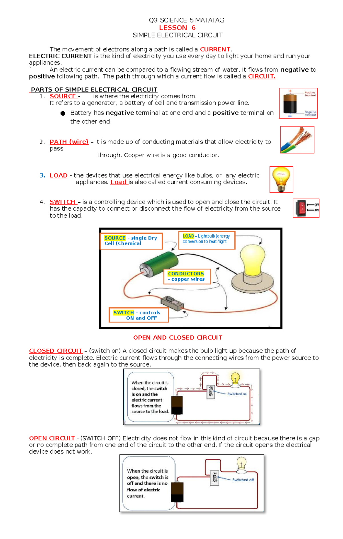 Q3 SCIENCE 5 MATATAG LESSON 6 SIMPLE ELECTRICAL CIRCUITS - Studocu