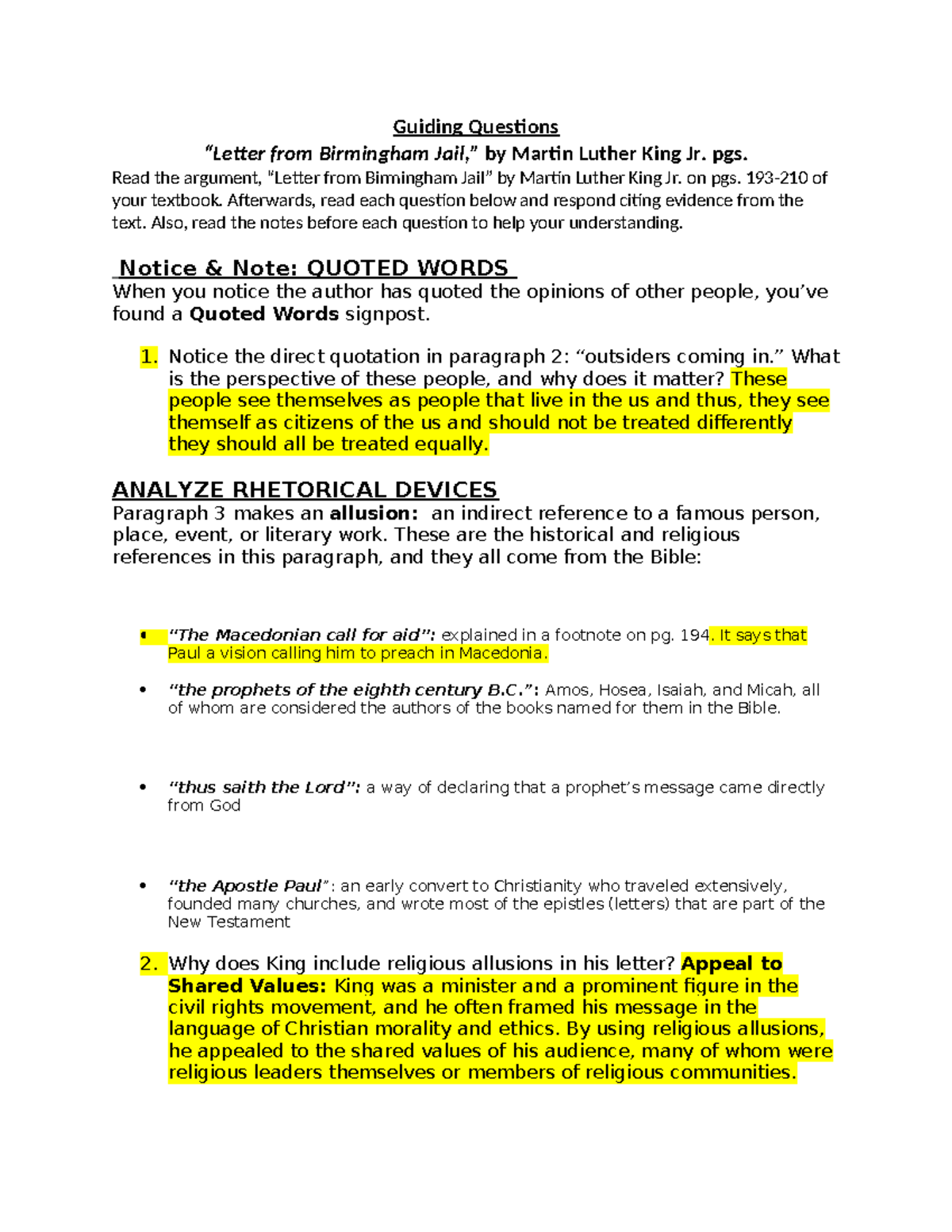 Guiding Questions for MLK's Letter from Birmingham Jail (HW) - Studocu