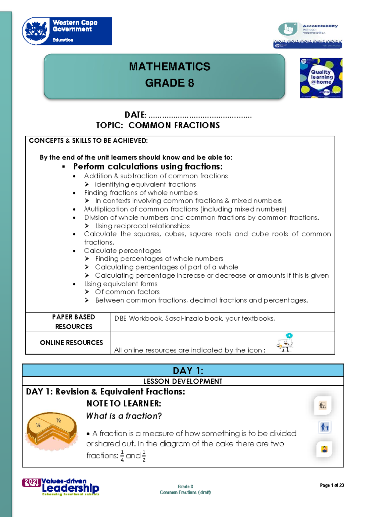 Grade 8 Mathematics: Common Fractions Lesson Plan - Studocu