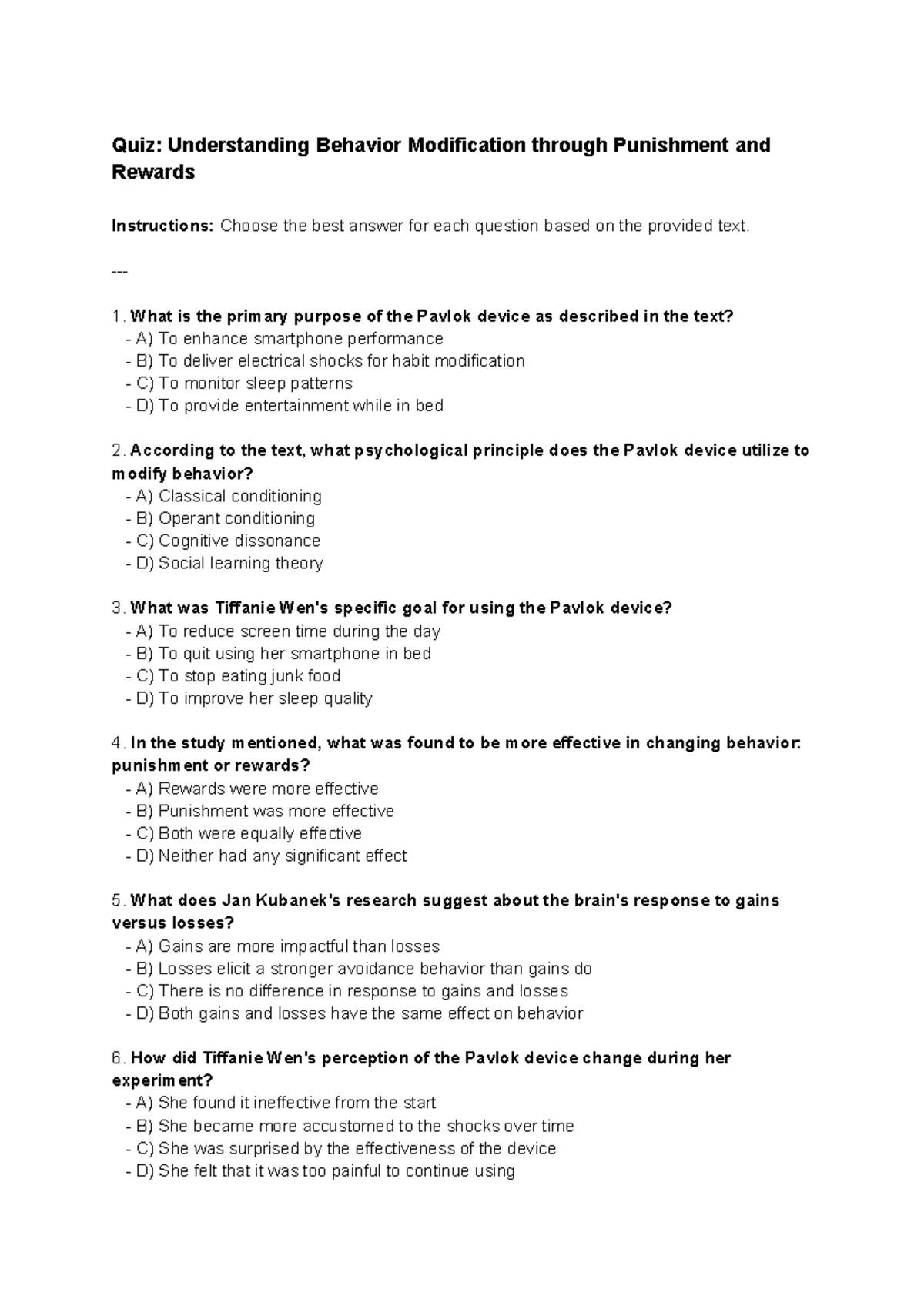 Quiz SV: Behavior Modification via Punishment and Rewards Insights ...