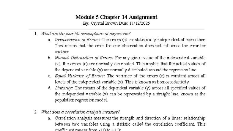 Module 5 Chapter 14 Assignment (CB): Regression Assumptions & Analysis ...