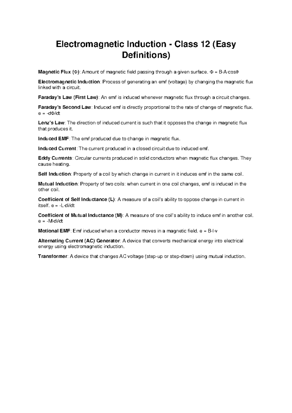 Electromagnetic Induction Class 12: Key Concepts and Definitions - Studocu