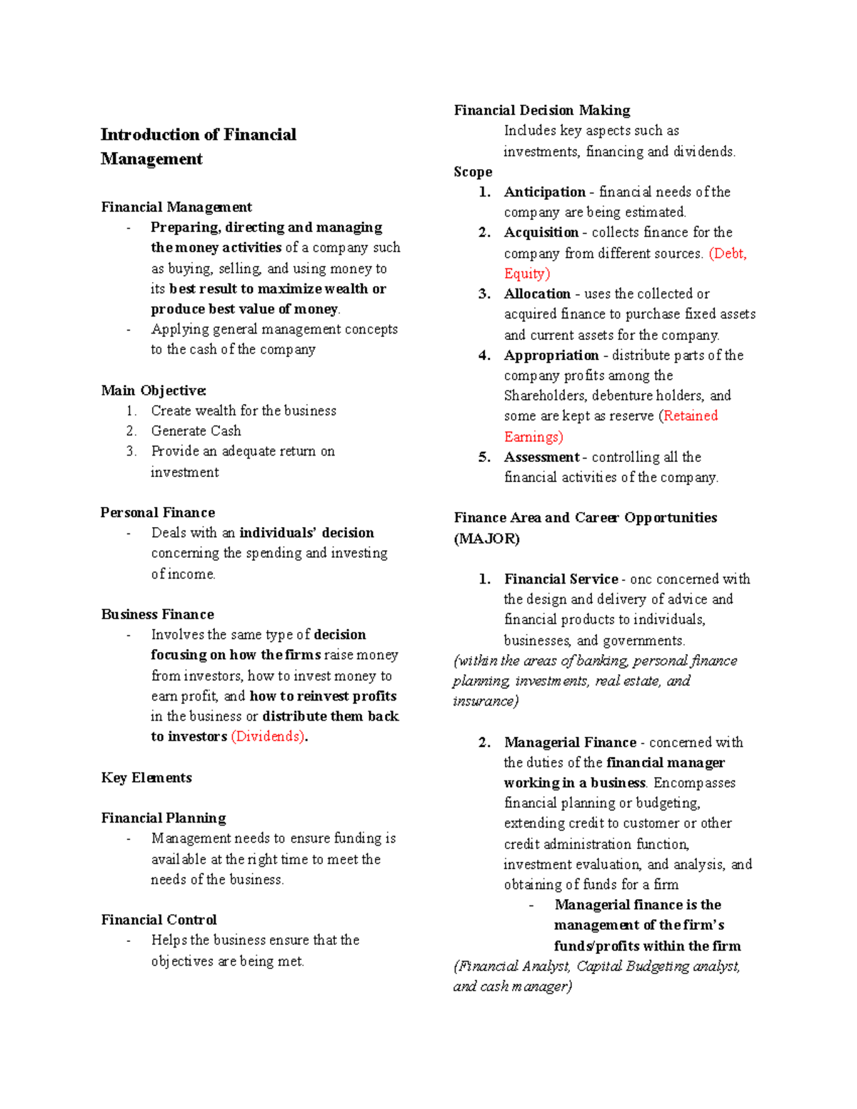 Financial management overview and key concepts for success - Studocu