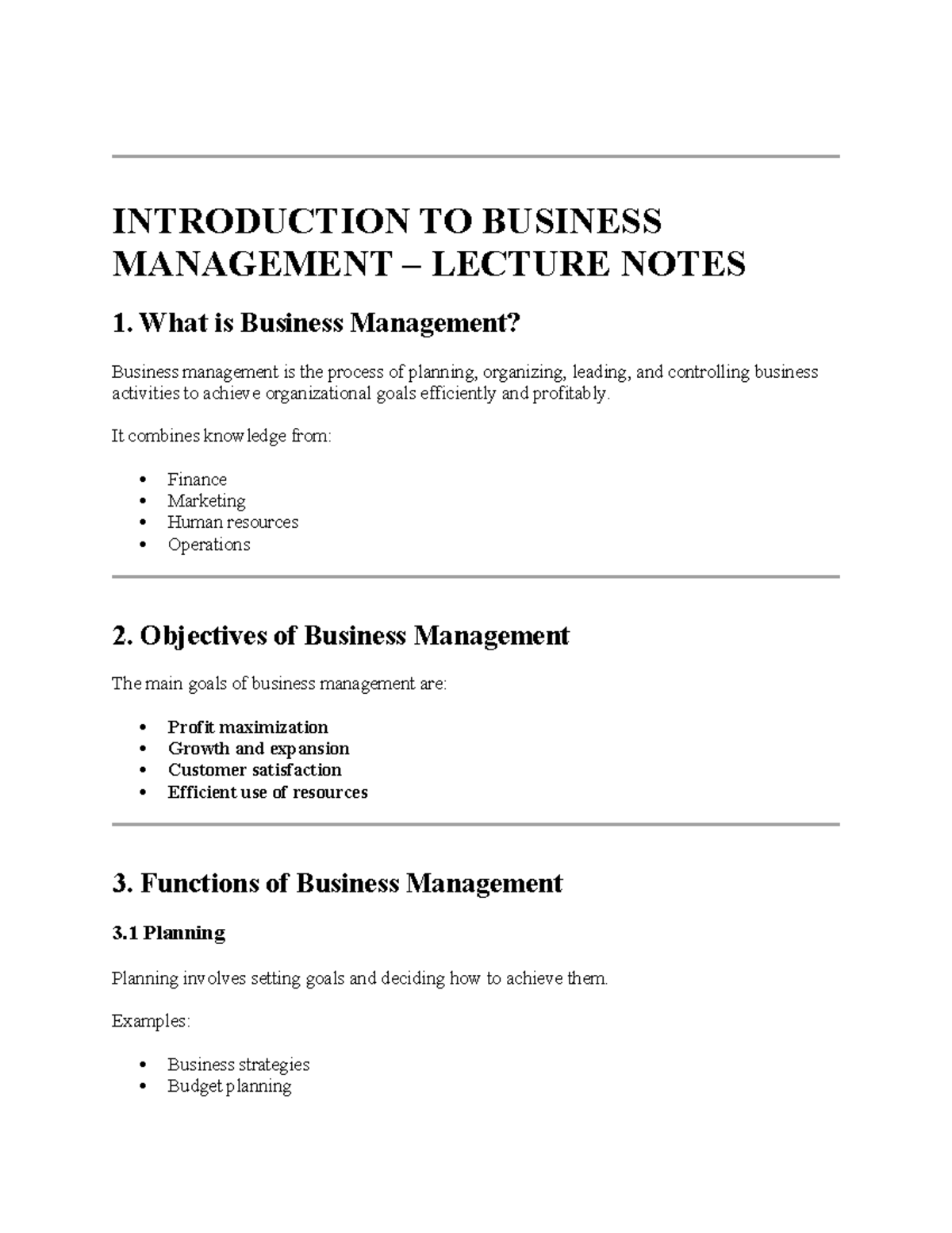 BUSINESS MANAGEMENT LECTURE NOTES: INTRODUCTION & KEY CONCEPTS - Studocu