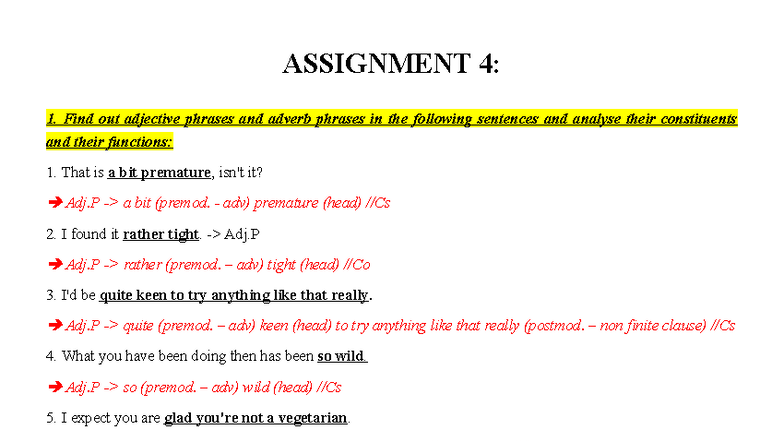 Assignment 4: Analysis of Adjective and Adverb Phrases - Studocu